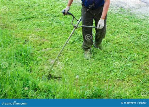Worker Cuts Off A Grass A Lawn Mower Stock Image Image Of House