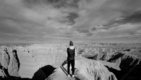 Badlands Sd Person Overlooking Outlook Big Badlands Overlook Stock