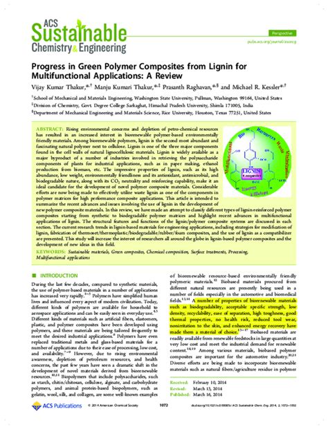 Pdf Progress In Green Polymer Composites From Lignin For Multifunctional Applications A Review
