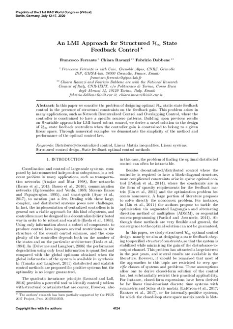 Pdf An Lmi Approach For Structured H Infinity State Feedback Control