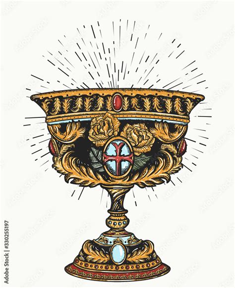 Vektor Holy Grail Medieval Sacred Chalice Of Christianity Symbol Of