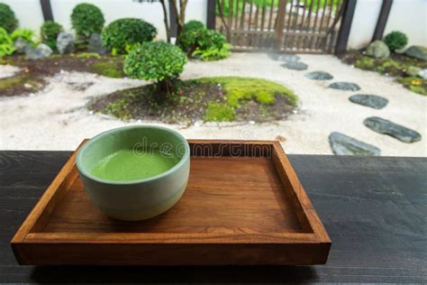 Hot Macha Milk Green Tea With Traditional Japanese Garden Stock Image Image Of Nature Indoor