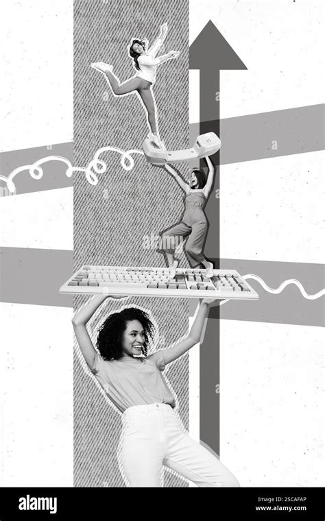 Vertical Collage Picture Of Pile Stack Girls Hold Keyboard Vintage
