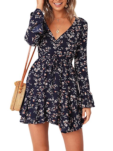 Inevnen Womens Floral Print V Neck Dress Flare Sleeve Waist Tie Ruffle