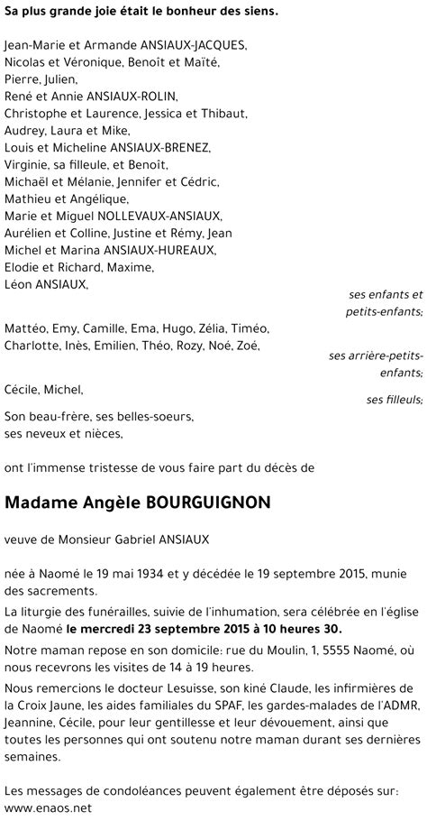 Avis De Décès De Angèle Bourguignon Décédé Le 19092015 à Naomé