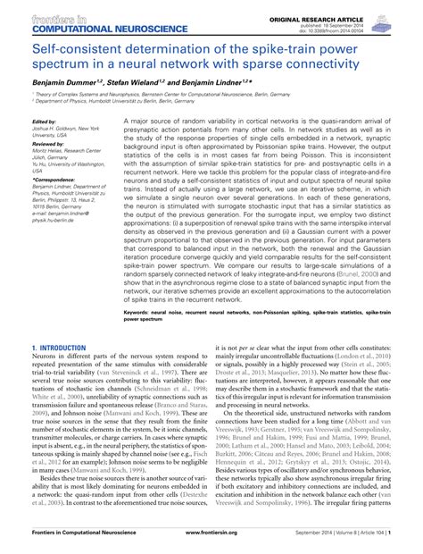 Pdf Self Consistent Determination Of The Spike Train Power Spectrum In A Neural Network With