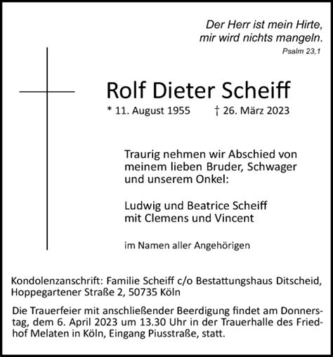 Traueranzeigen Von Rolf Dieter Scheiff Wirtrauern