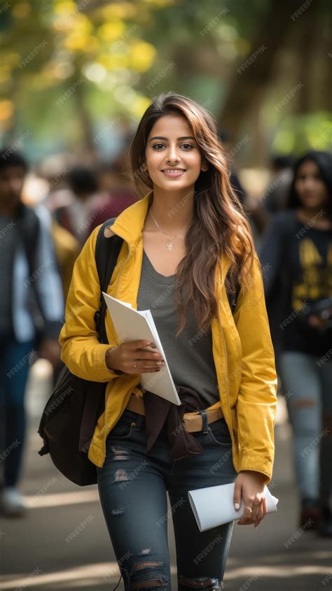 Premium Photo Young Indian College Girl Holding Backpack And Books