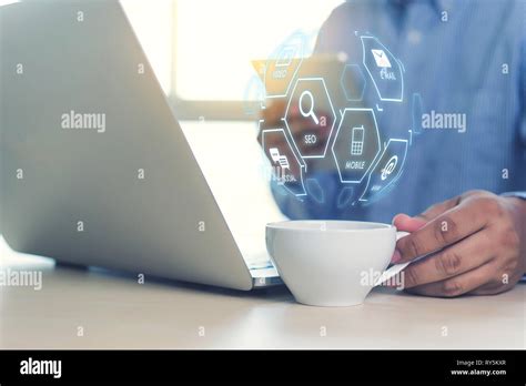 man using tablet computer virtual interface graphic icons network