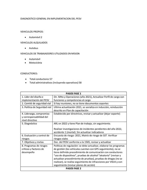 Diagnostico Gral Del Pesv Diagnostico General En Implementacion Del Pesv Vehiculos Propios