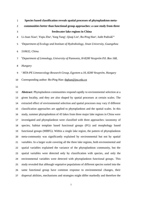 Pdf Species Based Classification Reveals Spatial Processes Of Phytoplankton Meta Communities