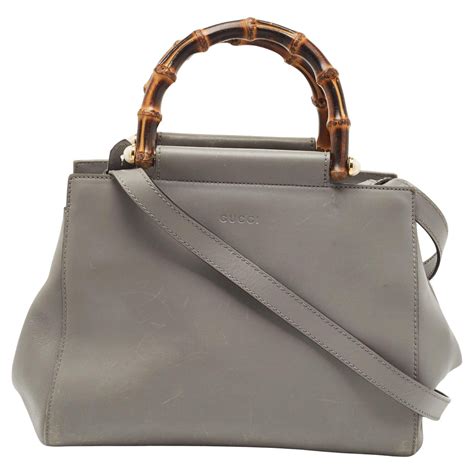 Gucci Grey Leather Small Nymphaea Bamboo Tote For Sale At 1stdibs