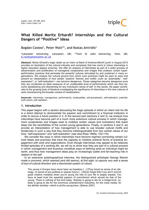 Pdf What Killed Moritz Erhardt Internships And The Cultural Dangers Of “positive” Ideas
