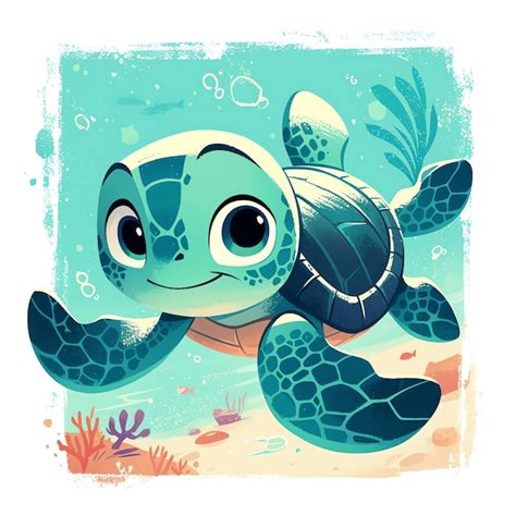 Cute Teal Turtle Marine Style Illustration Premium Ai Generated Image