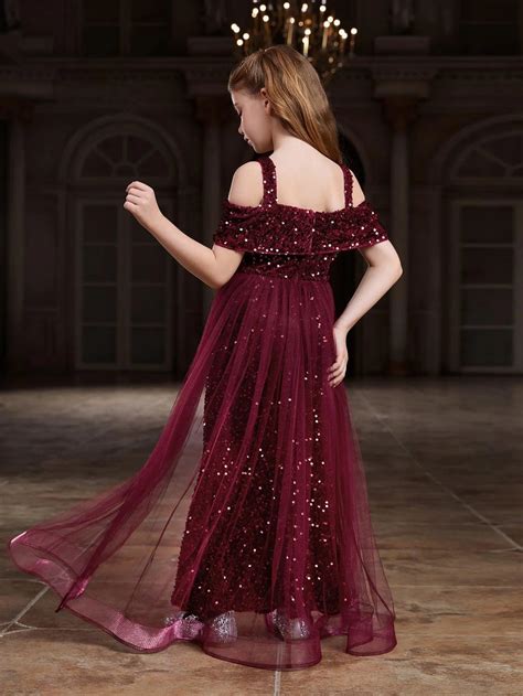 Tween Girls Off Shoulder Mesh Overlay Sequin Dress Elonnashop