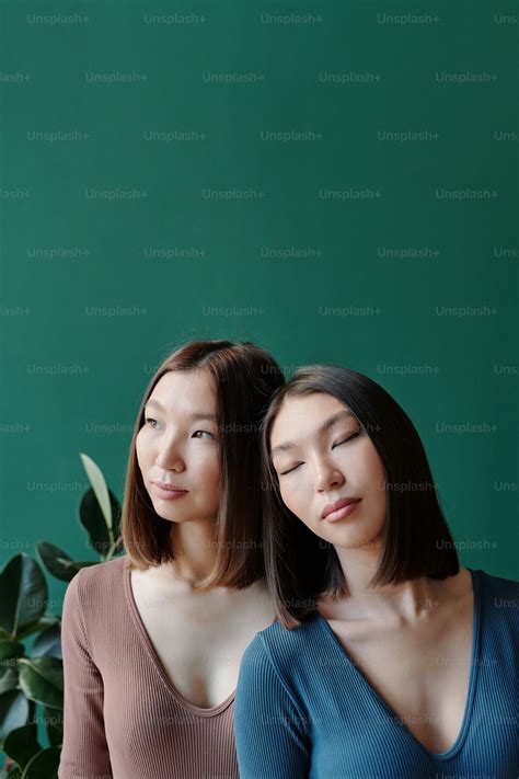 Young Gorgeous Twin Sisters Of Asian Ethnicity With Dark Smooth Hair