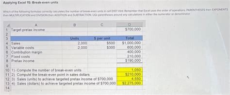 Solved Applying Excel Break Even Units Which Of The Chegg