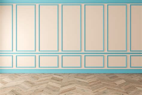 현대 클래식 베이 지 블루 파스텔 빈 내부 벽 패널 및 나무 바닥 3d 렌더링 그림 이랑입니다 0명에 대한 스톡 사진 및 기타