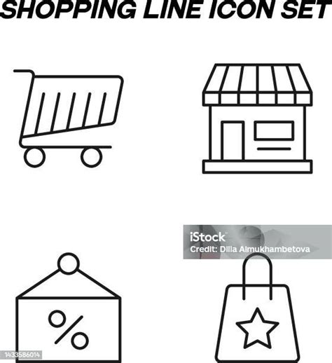 평면 스타일로 그려진 최소한의 윤곽선 표지판 편집 가능한 스트로크 쇼핑 카트 상점 상점 간판의 퍼센트 쇼핑백에 별표의 기호로 설정된 벡터 선 아이콘 가방에 대한 스톡 벡터
