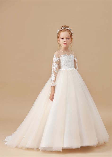 Floor Length Long Sleeves Lace Tulle Satin Flower Girl Dresses Ombreprom
