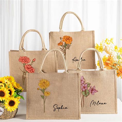 Personalized Birth Flower Large Beach Jute Tote Bag With Name Mothers