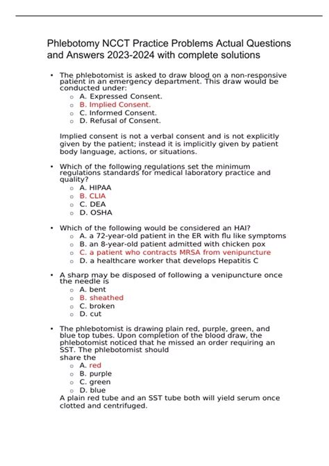 Phlebotomy Ncct Practice Problems Actual Questions And Answers With Complete Solutions