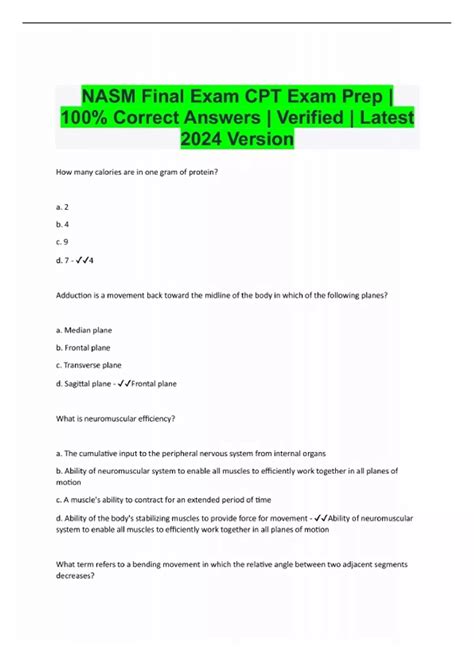 Nasm Final Exam Cpt Exam Prep 100 Correct Answers Verified Latest 2024 Version Nasm Cpt