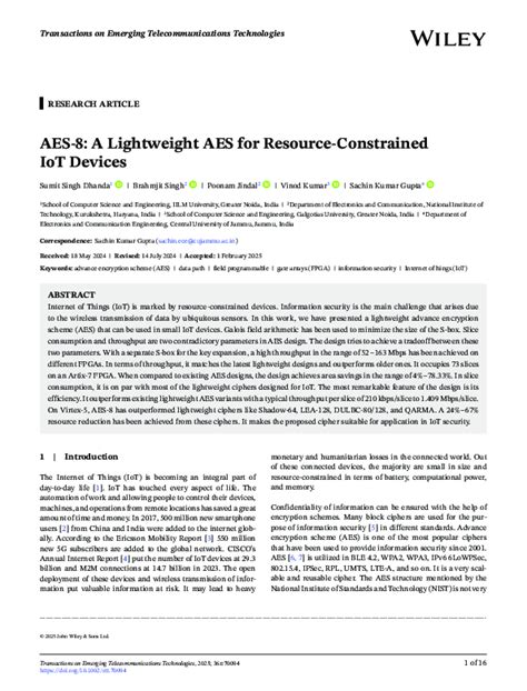 Pdf Aes 8 A Lightweight Aes For Resource Constrained Iot Devices