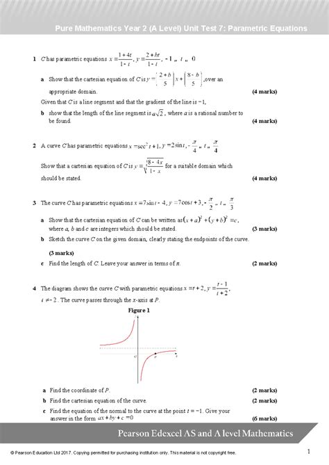 Al Maths Pure Unit 7 Test Parametric Equations Pure Mathematics Year