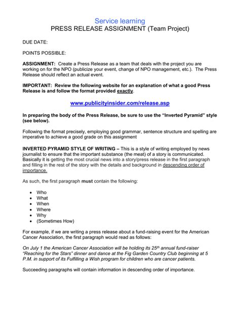 Service Learning Press Release Assignment