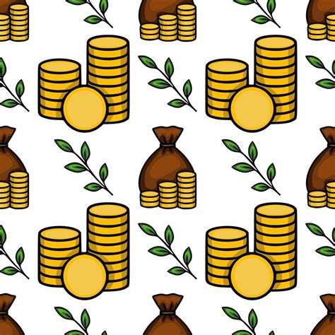 Seamless Pattern Of Gold Coins Stacks Money Bags And Green Leaves