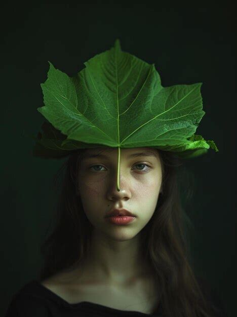Premium Photo A Girl With A Green Leaf On Her Head