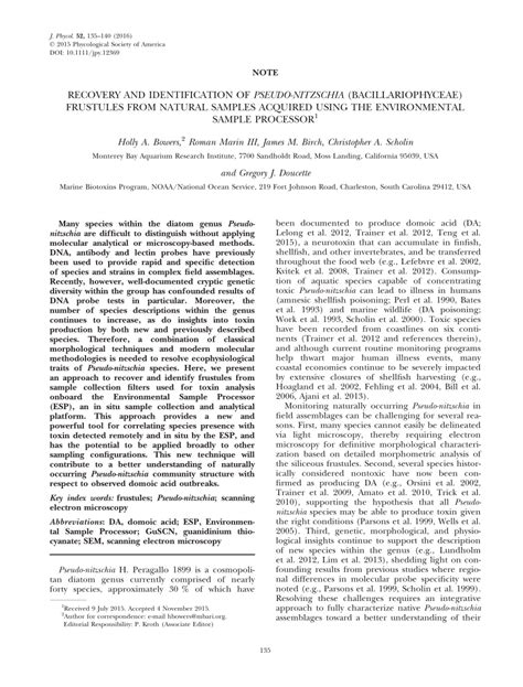 Pdf Recovery And Identification Of Pseudo Nitzschia