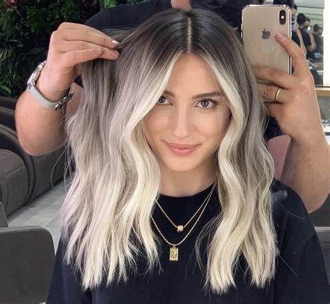 Platinum Balayage With Money Piece Ashy Blonde Hair With Dark Roots
