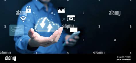 Cloud Computing Concept A Man With Cloud Computing Service Enables Him To Access Photos Videos