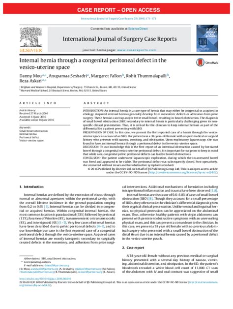 Pdf Internal Hernia Through A Congenital Peritoneal Defect In The
