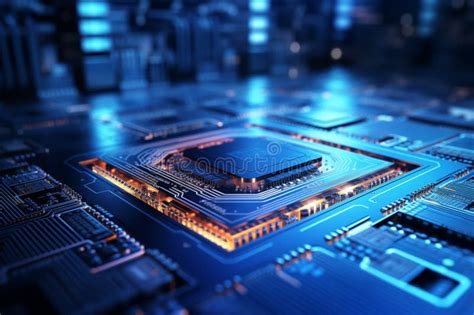 Close Up Of Circuit Board Interior Of A Computer With Neon Lights In