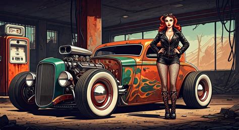 Edgy Pinup Drivers Pose With Candy Colored Rat Rod Ai Art