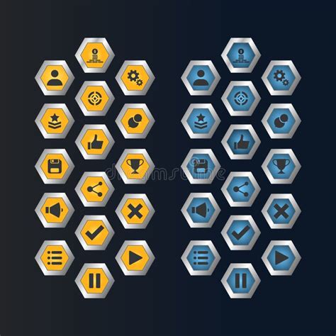 Set Of Vector Mobile Action Game Icons App Template Hexagon Buttons For Shooting Game User