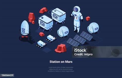 화성 컨셉 일러스트레이션스테이션 만화 3d 스타일의 등분 성 벡터 구성 우주 비행사에 정장 에 우주 비행사 표면 우주 식민지