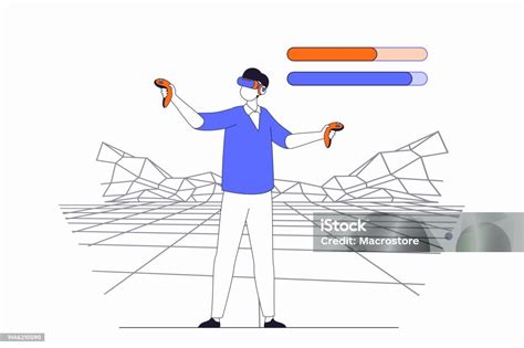 평면 윤곽선 디자인의 사람들 장면이 있는 가상 현실 개념 Vr 헤드셋과 컨트롤러를 착용한 남자는 증강 현실 공간과 상호