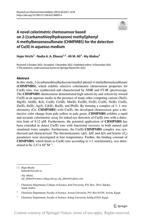 A Novel Colorimetric Chemosensor Based On 2 Carbamothioylhydrazono
