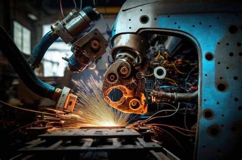Spot Welding Robot Working On Car Chassis With Components And Tools
