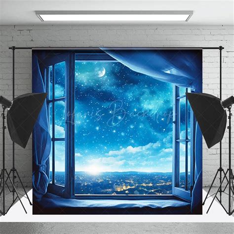 Blue Night Starry Quiet Town Window Backdrop Lofaris