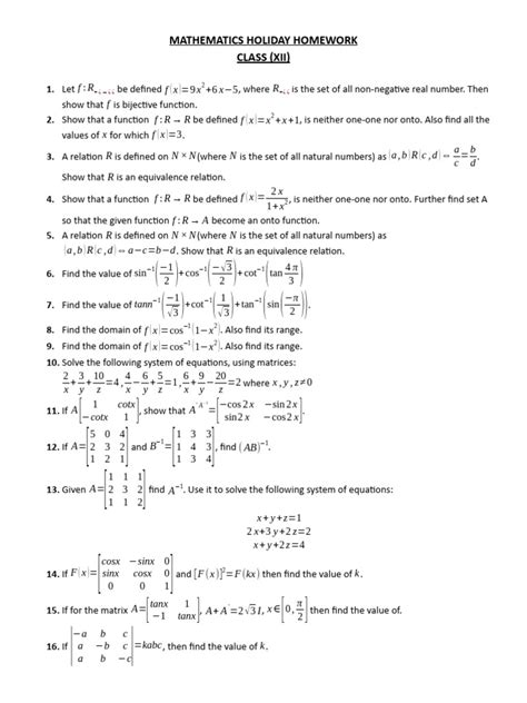 Mathematics Holiday Homework Class Xii Pdf Function Mathematics Mathematical Physics