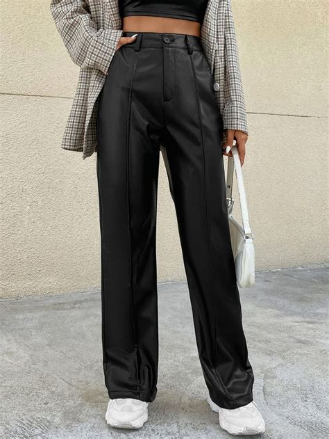 Black Casual Collar Pu Leather Plain Straight Leg Embellished Slight