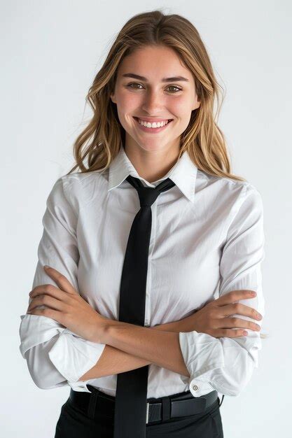 Photography Of Adult Caucasian Female Wearing White Shirt And Black Tie