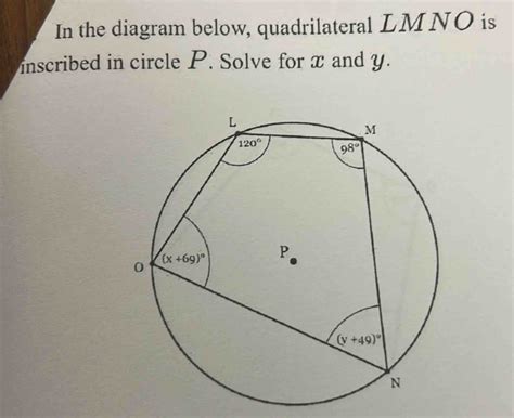 In The Diagram Below Quadrilateral Lmno Is Inscribed In Circle P Solve For X And Y [geometry]