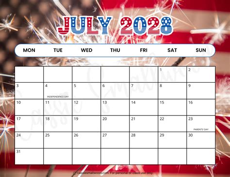 Monday Start Landscape July 2028 Calendar With Holidays Cassie Smallwood