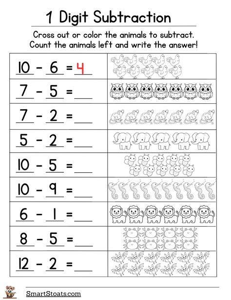 Subtracting One Digit Worksheets 1st Grade Math Free Pdf